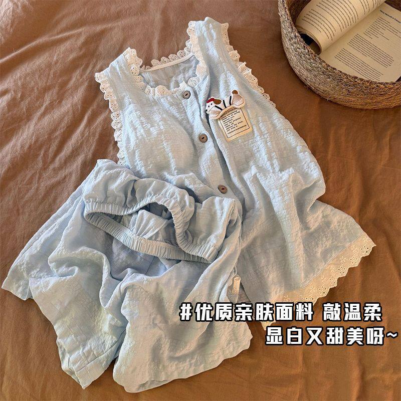 26夏季凉感新款睡衣女带胸垫蓝色公仔小狗背心女装其它制服套装