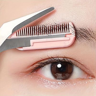 Pink eyebrow trimming scissors with built-in comb - stainles