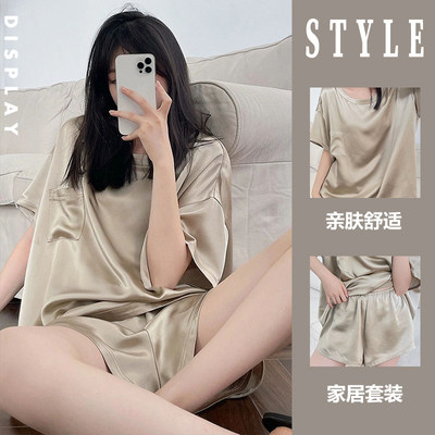 英国RMXJ 睡衣女夏季网红风冰丝短裤法式大码纯色短袖家居服套装