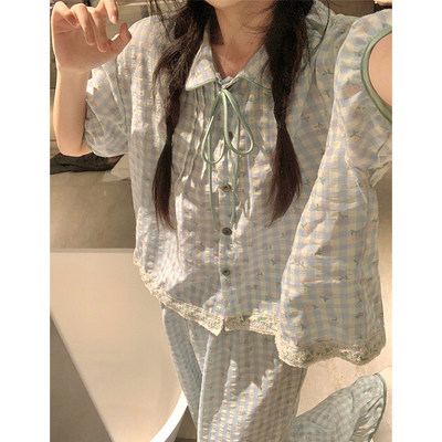 英国RMXJ碎花睡衣夏季棉麻清新甜美花边娃娃领开衫短袖长裤家居服