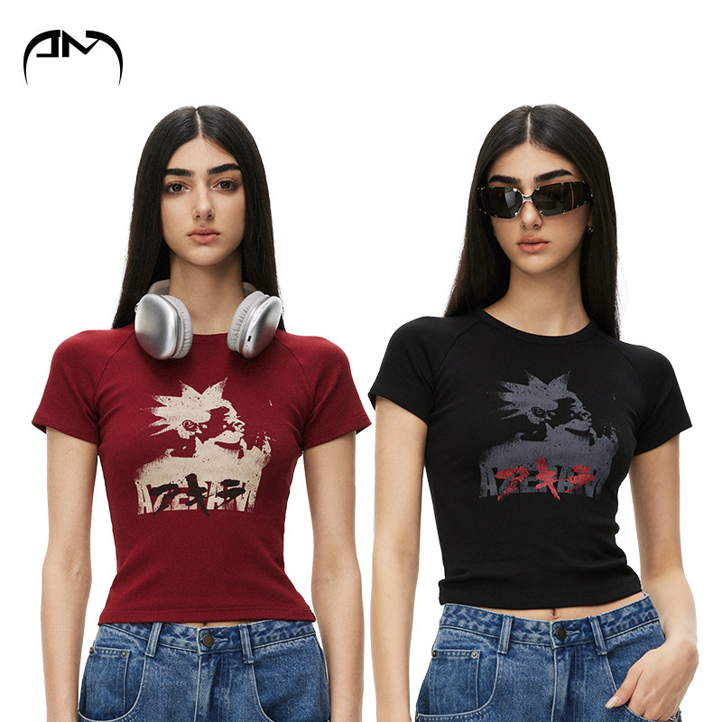 Azepam原创个性复古夏季新款小众设计感人像印花白色短袖T恤女_虎窝淘