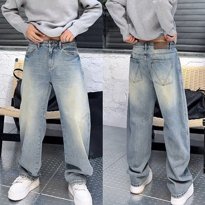 冬季美式复古加厚微弯刀牛仔裤