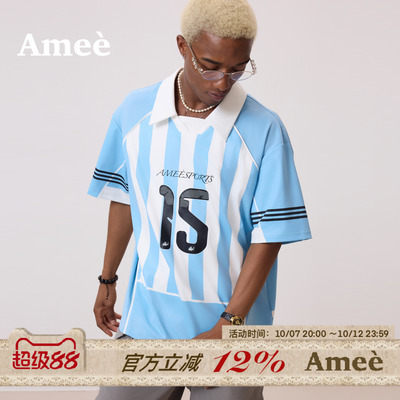 Amee蓝白竖纹POLO领球衣T恤