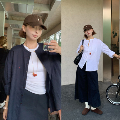 333sss老钱风法式气质白色圆领苎麻衬衫女宽松纯色长袖上衣秋