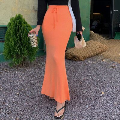 Drawstring Orange Skirt Women Vintage Korean High Waist Maxi