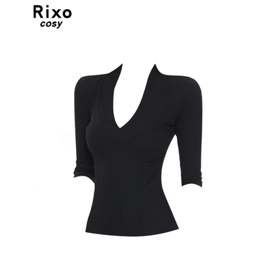 Rixo Cosy辣妹风黑色V领中袖T恤女夏显瘦修身百搭上衣正肩打底衫