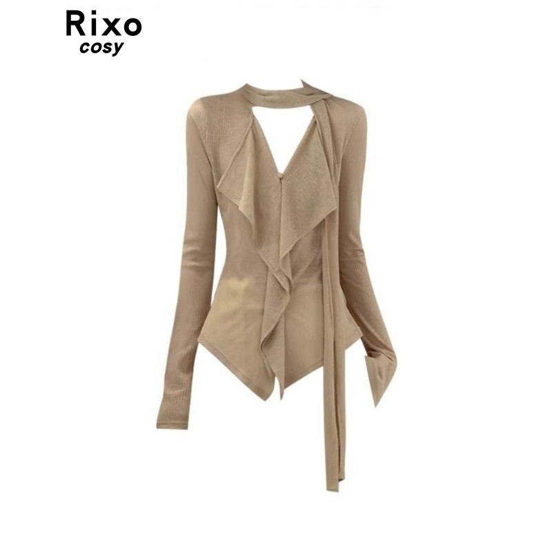Rixo Cosy慵懒风V领飘带设计感针织T恤女秋时尚显瘦气质打底上衣