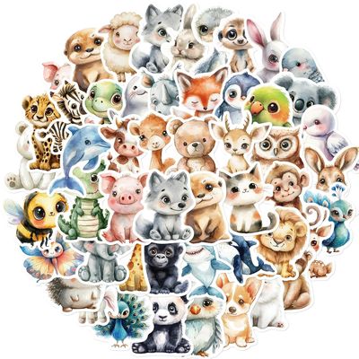 50PCS Watercolor Animal Stickers Cute Handbag Material