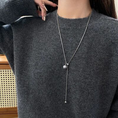 Long Adjustable Gray Pearl Pendant Sweater Chain Necklace
