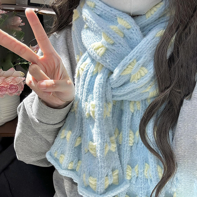 蓝色围巾毛线手工diy编织蝴蝶结云朵绵棉围脖材料包冬保暖送女友