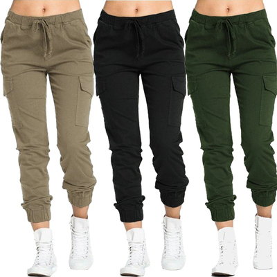 Women Solid Cargo Pants Multicolor Stretch Casual Lacing Dra