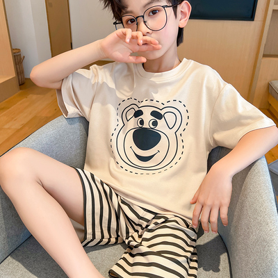 全棉纯棉儿童男童睡衣夏季薄款短袖纯棉夏天家居服中大童男孩套装