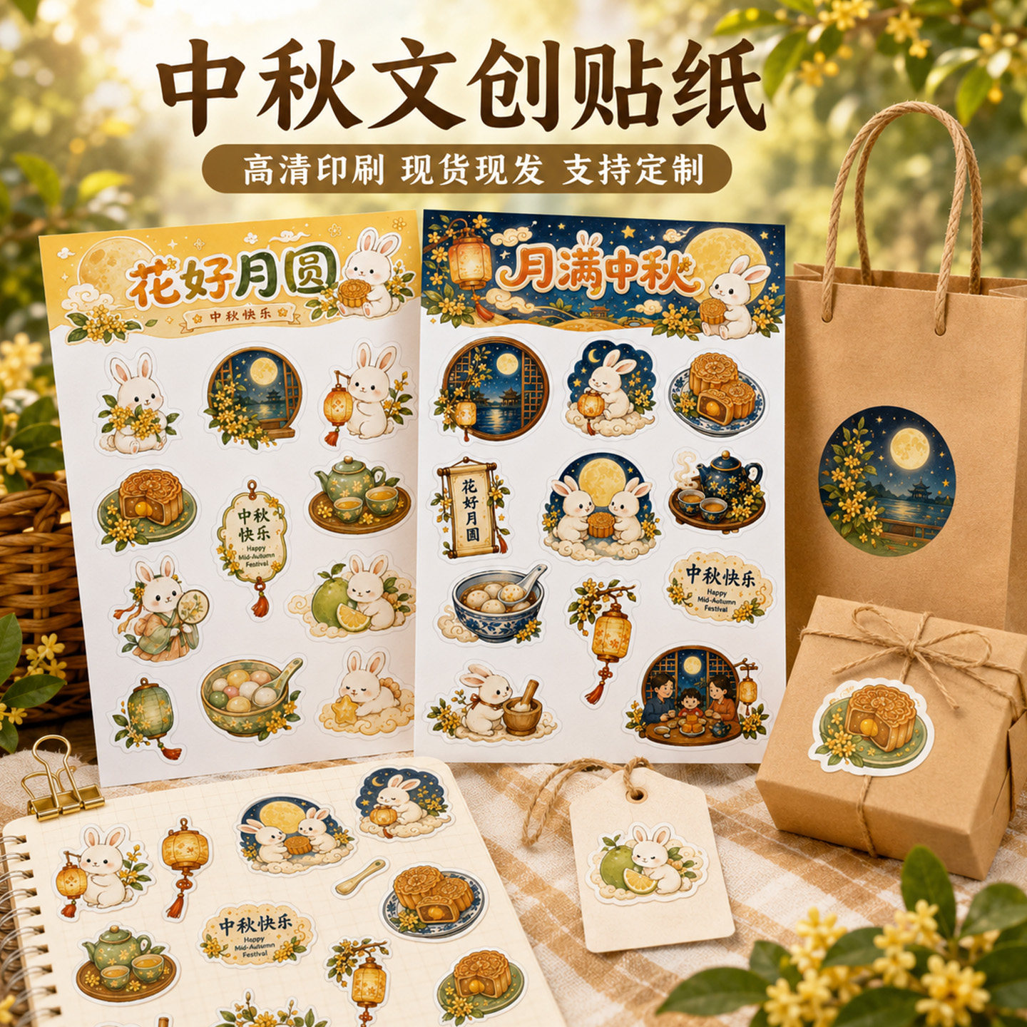 中秋文创月饼贴纸卡通兔子不干胶包装装饰素材节日氛围礼品袋标签月饼盒贴烘焙店点心封签可爱兔子礼盒贴纸