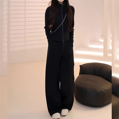 加绒立领拉链卫衣阔腿裤两件套