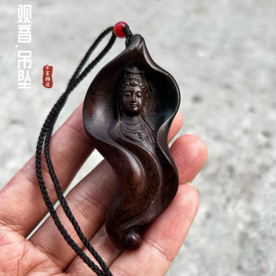 越南沉香木观音吊坠手把件文玩工艺品挂件观音头木雕荷叶菩萨项链