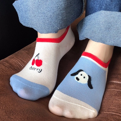入夏啦复古撞色小狗船袜