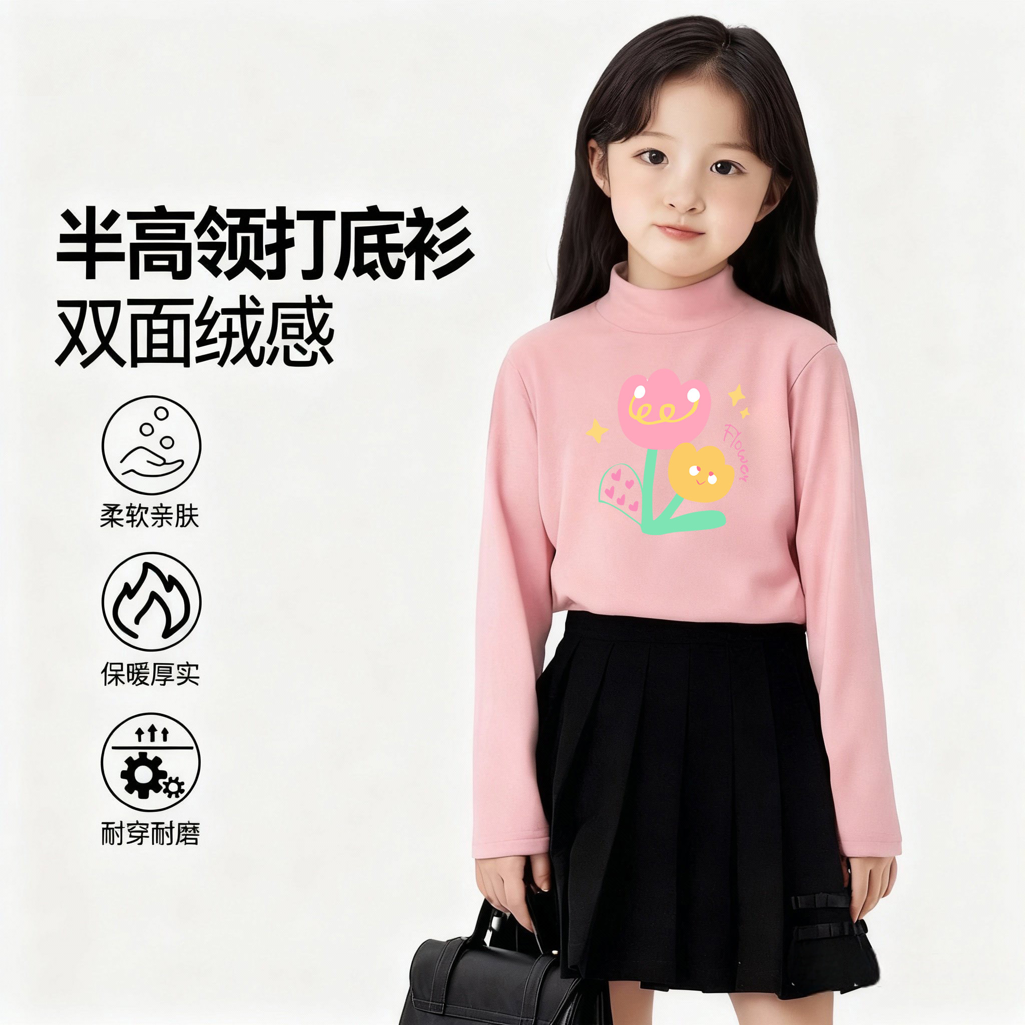 女童德绒打底衫自发热秋冬新款洋气长袖可爱加厚加绒保暖上衣服