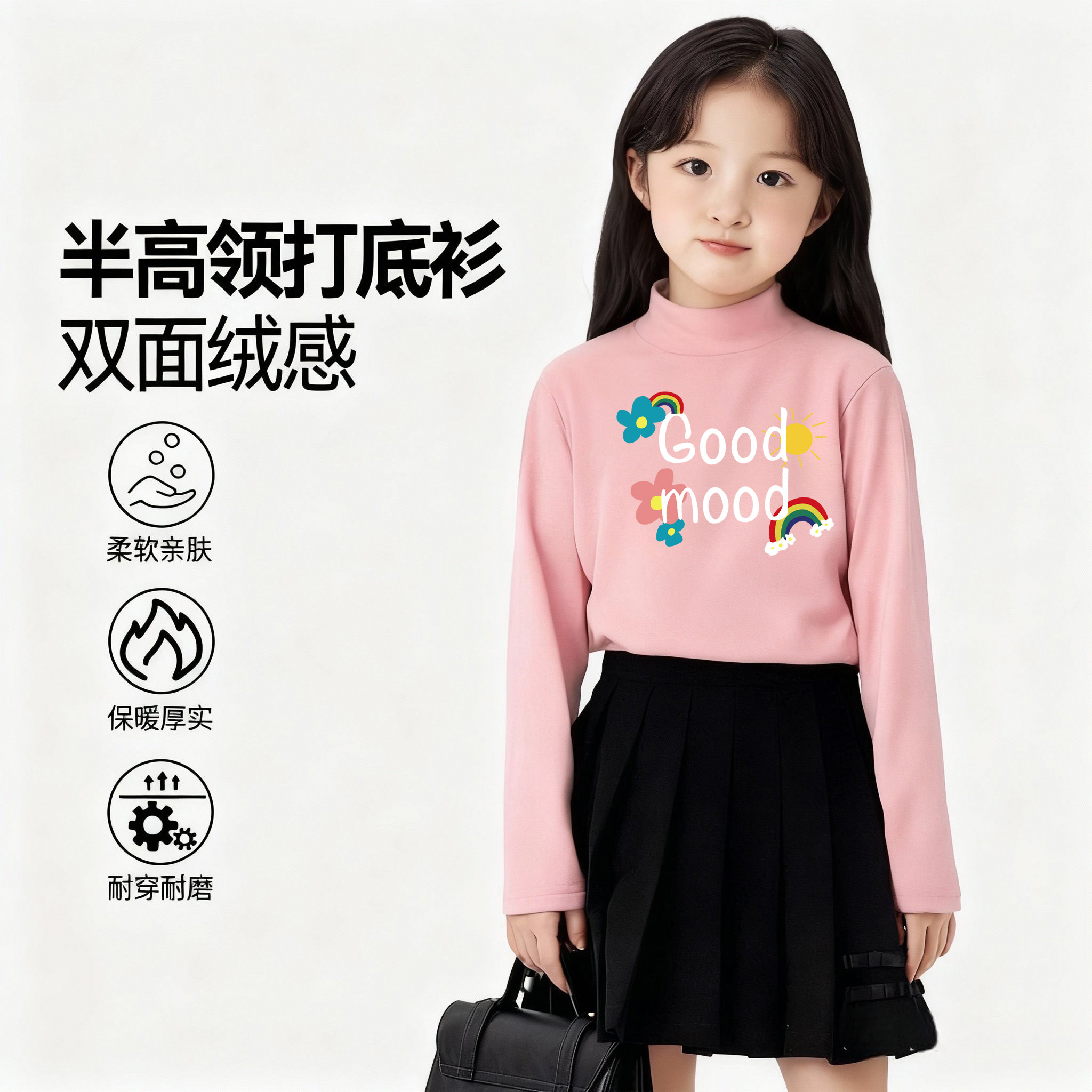 女童装半高领德绒打底衫秋冬新款洋气内搭T恤加厚加绒保暖上衣服