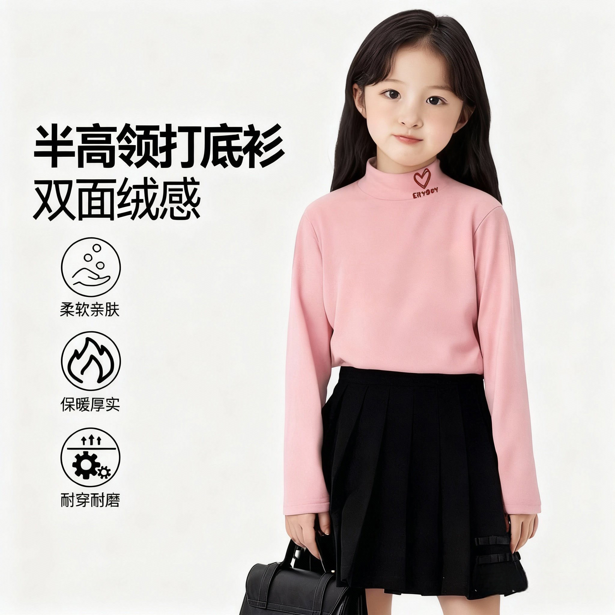 女童装德绒打底衫秋冬新款洋气半高领T恤内搭加厚加绒保暖上衣服