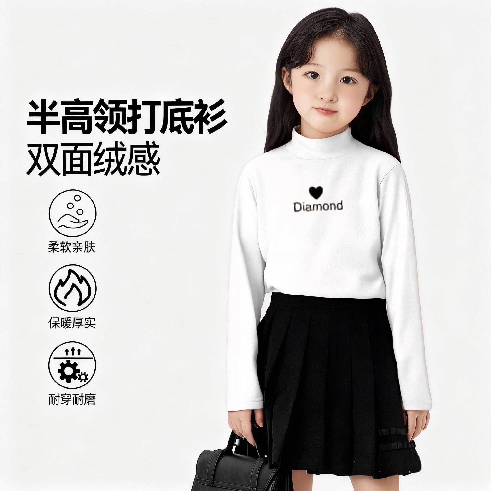 女童装德绒打底衫自发热秋冬新款洋气T恤加厚加绒中领保暖上衣服