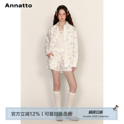 ANNATTO 蝴蝶结印花套装女长袖衬衫+短裤减龄显瘦遮肉两件套