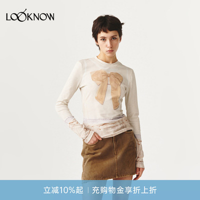 FORDARE福蝶 x LOOKNOW2026春夏新款印花蝴蝶结3D感长袖T恤打底