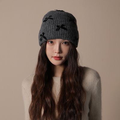 蝴蝶结韩版毛线帽女秋冬百搭显脸小护耳包头针织帽保暖防寒冷帽子