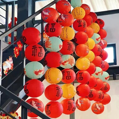 古风纸灯笼中秋节国庆元旦新年店铺节日场景氛围装饰布置圆形灯罩