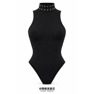 网络流浪汉黑色铆钉高领无袖连体衣修身小众设计感暗黑风女装个性