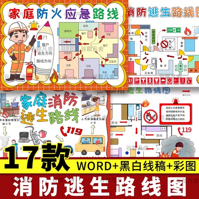 家庭消防疏散逃生路线示意图手抄报模板消防安全知识教育小报绘画