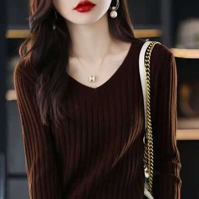 长袖针织打底衫女V领毛衣套头保暖内搭毛衫百搭二八月穿打底衫