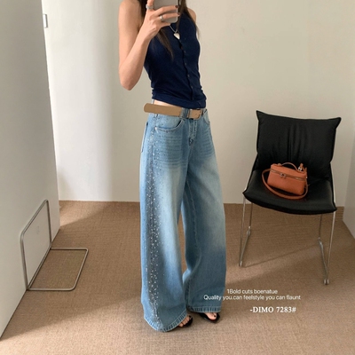 美式重工闪闪侧钻高腰阔腿牛仔裤