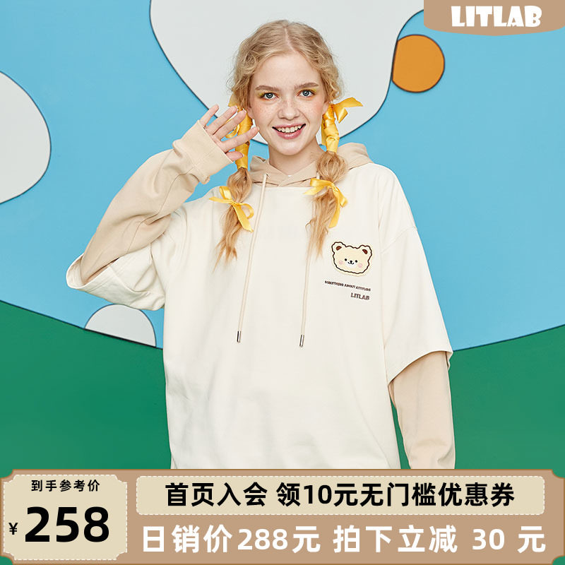 LITLAB小熊假两件帽衫宽松慵懒风连帽卫衣女春秋情侣国潮上衣男女_虎窝淘