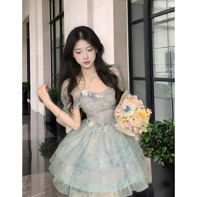 碎梦星野 甜美清新重工细闪连衣裙减龄挂脖网纱立体花朵蓬蓬短裙