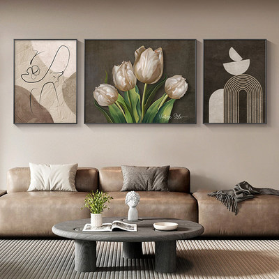客厅装饰画现代简约沙发背景三联挂画艺术抽象郁金香新款组合画