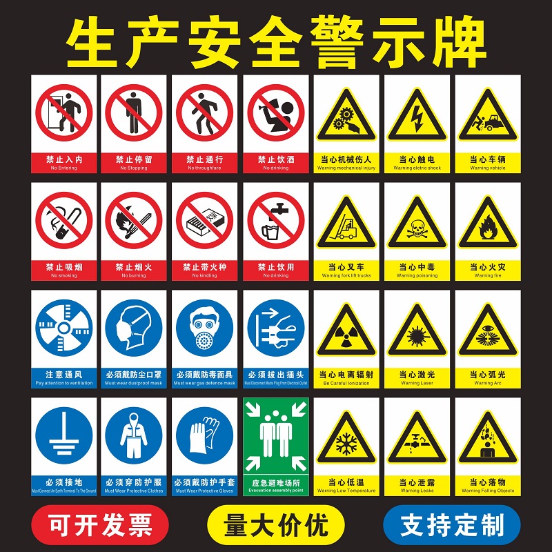 禁止烟火禁止吸烟当心触电必须接地必须戴防尘口罩必须戴防护手套当心电离辐射当心机械伤人注意通风标识牌