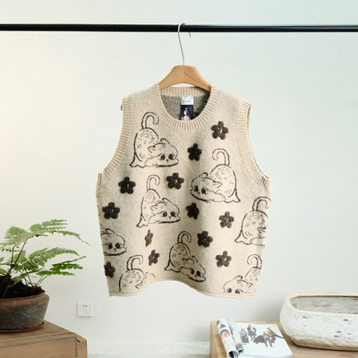韩系小猫提花圆领套头针织马甲
