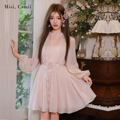Misi.Camii钻饰玫瑰灯笼袖连衣裙