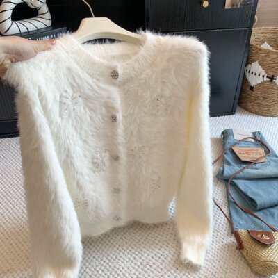 甜美立体蝴蝶结仿水貂毛开衫女秋冬圆领珍珠扣软糯短款针织毛衣