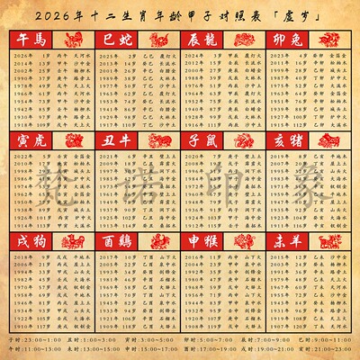 2026年十二生肖甲子对照表装饰画