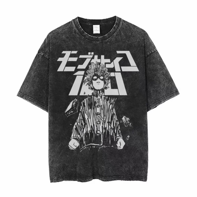 水洗做旧短袖纯棉t恤男夏季Mob Psycho 100超能灵能百分百高街潮