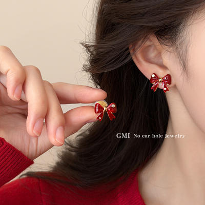 红色蝴蝶结无耳洞耳夹女秋冬甜美气质百搭耳环轻奢高级感过年耳饰