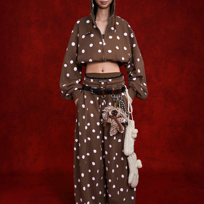 ANGEL CHEN设计师品牌陈安琪 SS26 棕色波点兽角连帽短款卫衣套装