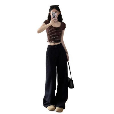 黑色皱褶设计显瘦垂感拖地阔腿裤