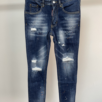 6022新款潮男洗水破洞补丁涂料做旧 弹力修身时尚D2小脚牛仔裤男