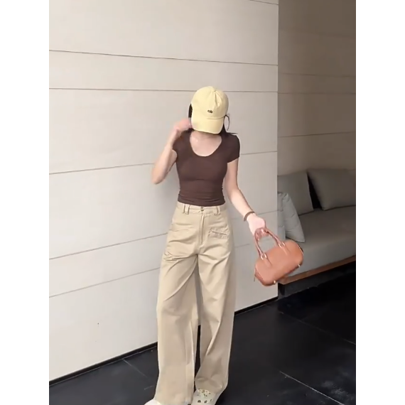 早秋新款韩版高腰设计宽松休闲裤女阔腿直筒拖地裤子显高
