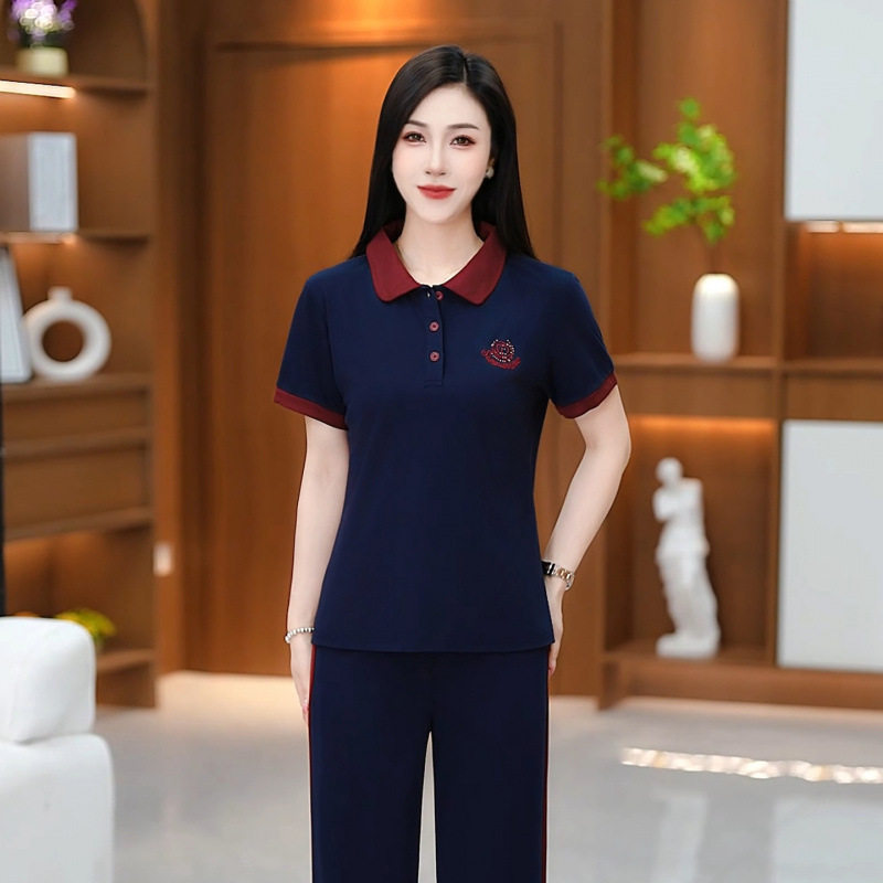 2026夏季新款POLO衫两件套女装冰丝休闲运动套装减龄短袖长裤撞色