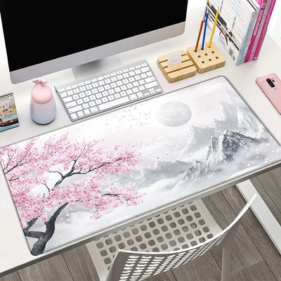 Sakura and Snow Mountain Theme Pattern Mouse Pad, Anti-slip