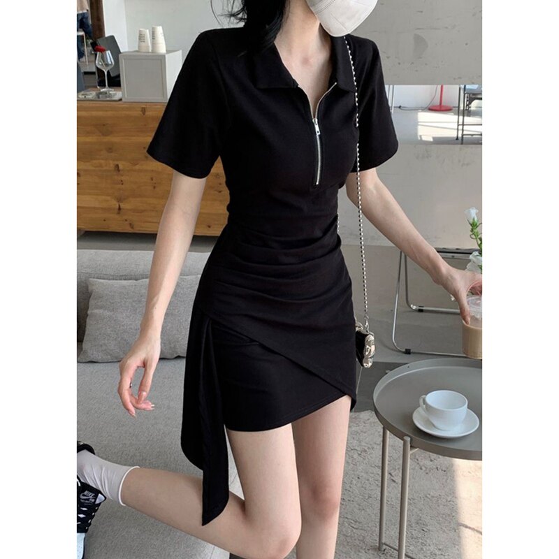 韩版甜辣收腰包臀连衣裙 带抽褶设计的短袖Polo领短裙 小众设计感