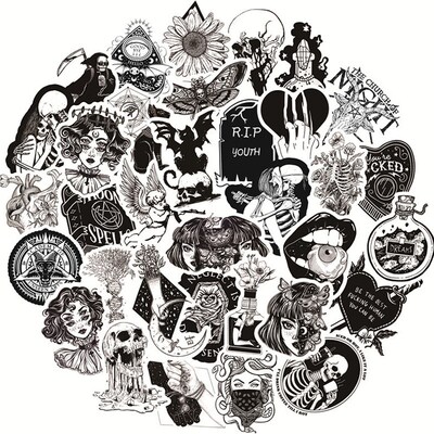10/30/50pcs/Pack Black And White Punk Skull Stickers Waterp